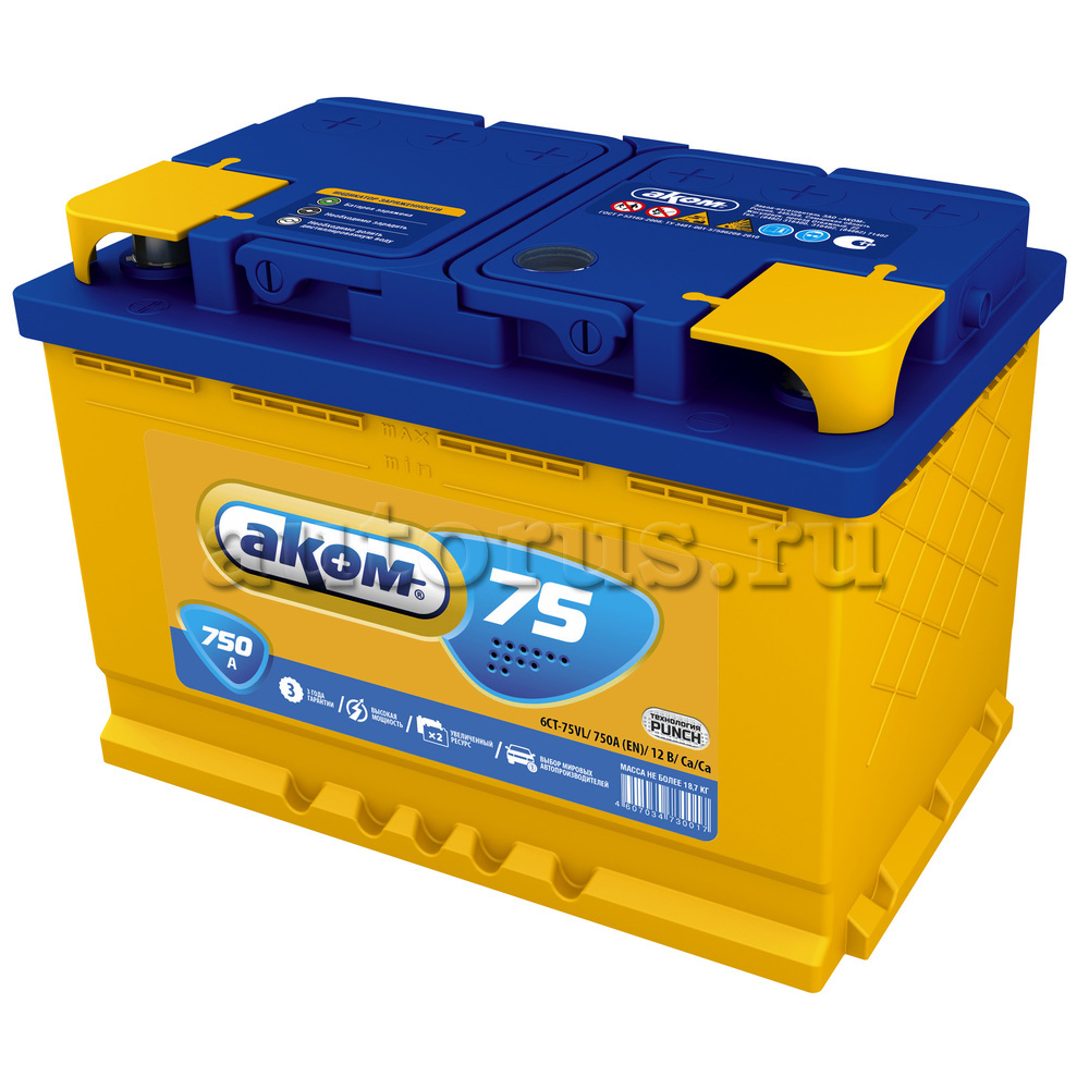 Аккумулятор АКОМ Standart 75 А/ч прямой L+ 278x175x190 L3 EN 750 А АКОМ артикул 6CT-75.1 LA ...