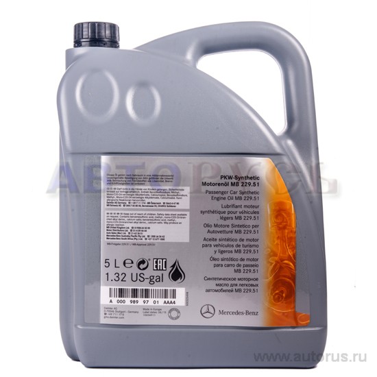 Масло моторное MERCEDES-BENZ МВ 229.51 5W-30 синтетическое 5 л A000 989 ...